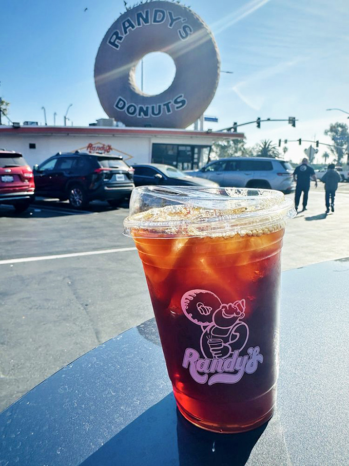 An iced coffee with the giant donut backdrop &ndash; name a more iconic California duo. I'll wait while you sip and ponder.