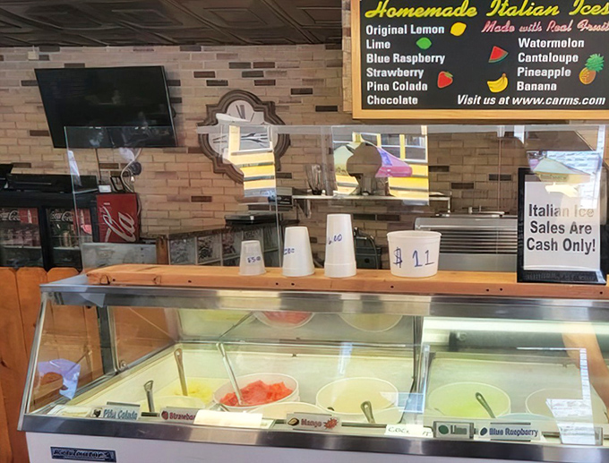 A rainbow of frozen happiness waiting to cool down your taste buds after sandwich heaven.