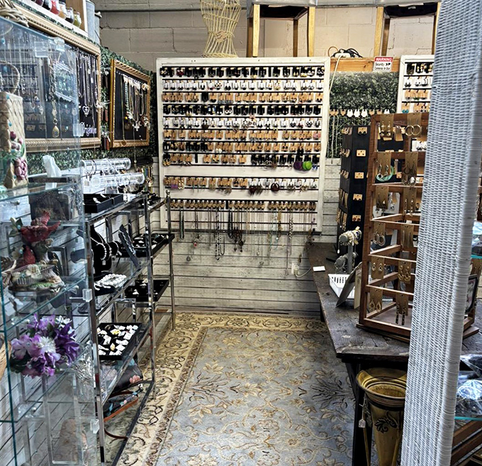 Jewelry display that transforms shopping into treasure hunting. Each necklace and pair of earrings waits patiently for its next adventure.