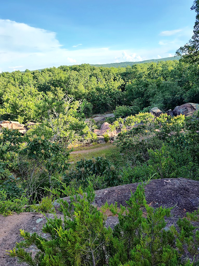 The view from above reveals how the park's massive boulders emerge from the surrounding forest like geological islands in a sea of green.