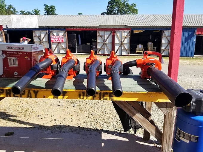 The leaf blower lineup stands ready like orange-clad soldiers prepared to battle autumn's endless falling army. Your yard doesn't stand a chance!