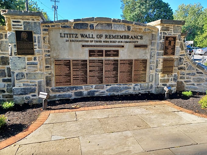 History written in stone—the Lititz Wall of Remembrance honors the community builders who turned a settlement into the small-town paradise we explore today.