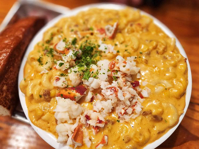 Lobster mac & cheese: where comfort food gets dressed for a fancy night out. Those chunks of lobster aren't hiding&mdash;they're proudly announcing their presence.