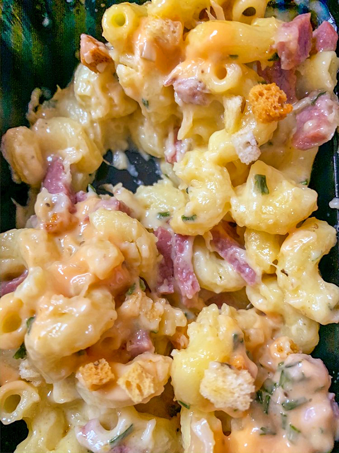 Mac and cheese with ham chunks that would make your childhood self high-five your adult self. Comfort food that's actually comforting.