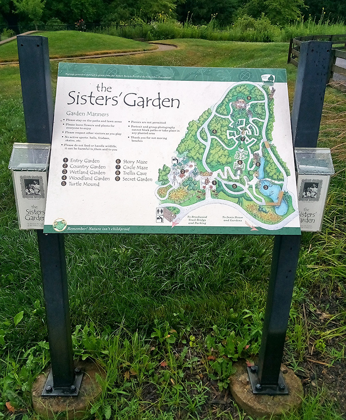 Maps never looked so inviting! The Sisters' Garden guide promises adventure through story mazes, trellis caves, and woodland wonders.