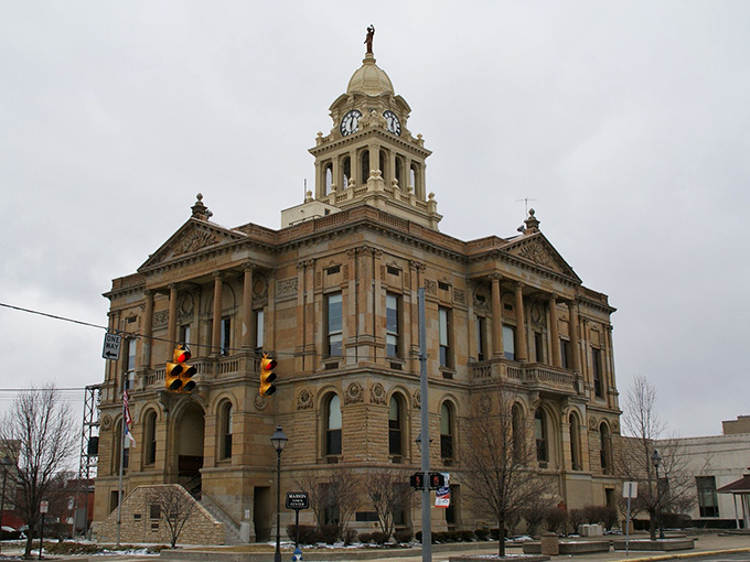 The Marion County Courthouse dominates the skyline like a limestone layer cake topped with a clock. Time and justice, served daily.