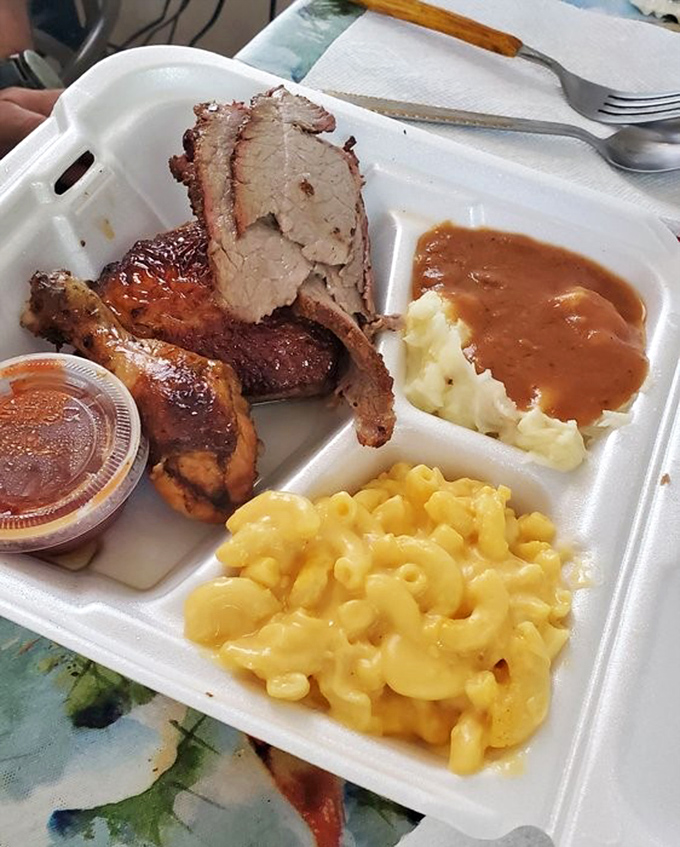 The holy trinity of comfort: creamy potatoes, rich gravy, and perfectly seasoned chicken and macaroni.