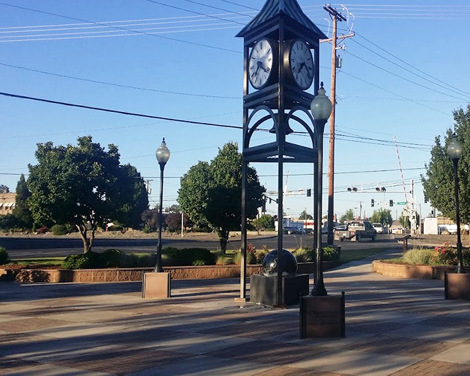 The town clock stands as a charming centerpiece in Hermiston's public spaces. Time moves differently here&mdash;measured in conversations, not commutes.