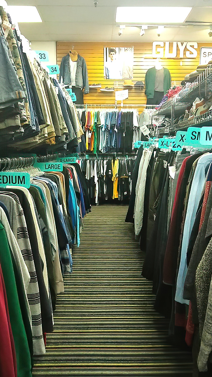 The men's section proves secondhand shopping isn't just for the ladies. Those size markers are the GPS coordinates to style.