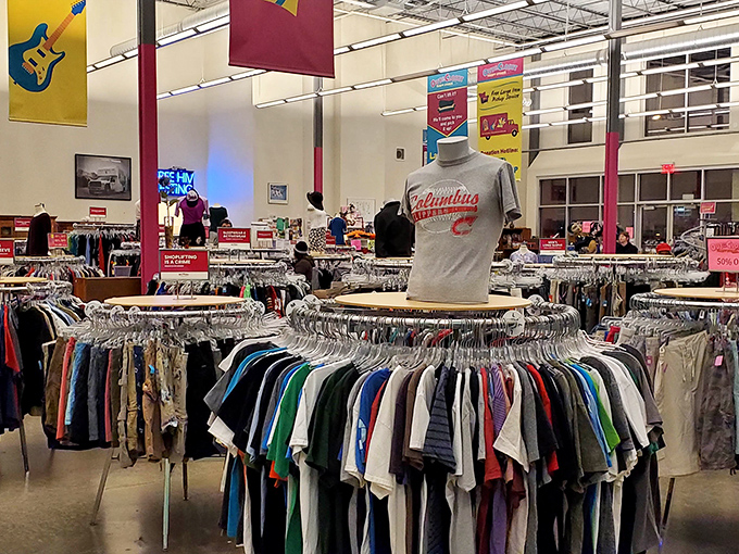 
The men's section features an impressive circular display of t-shirts&mdash;each one a potential conversation starter or the perfect addition to your weekend wardrobe. 