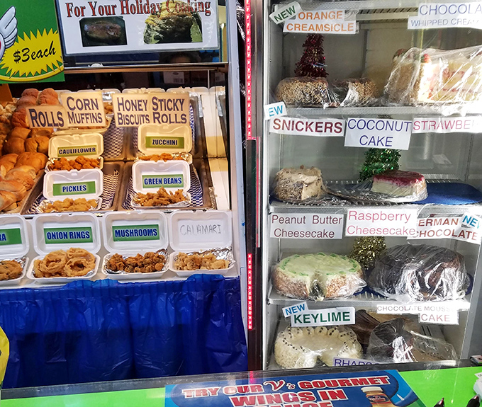 A dessert case that tempts even the most chicken-focused customers. Those cakes aren't just afterthoughts; they're serious contenders.