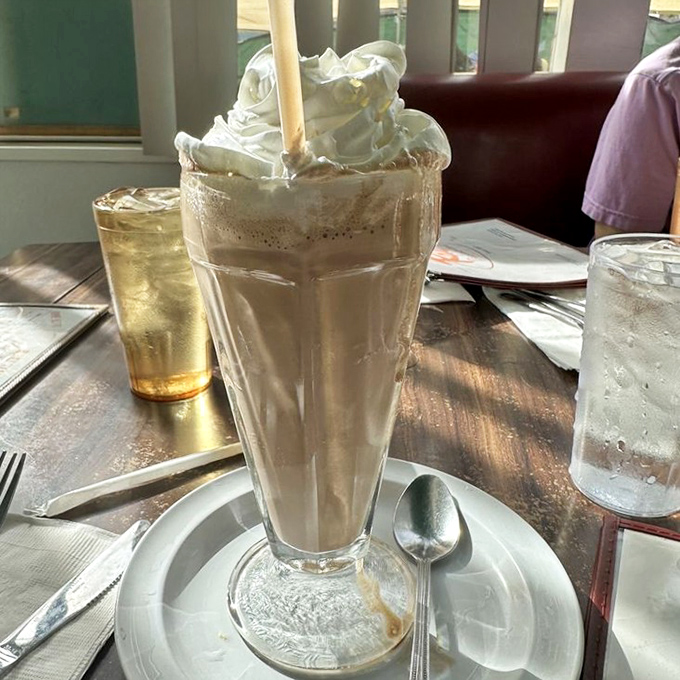 A milkshake so thick it's practically a standing ovation to dairy, topped with whipped cream that defies gravity.