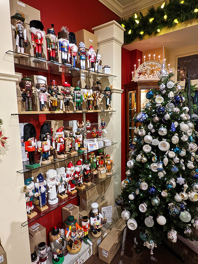 A regiment of nutcrackers stands at attention, each with its own personality. The Christmas soldier draft has never looked so festive!