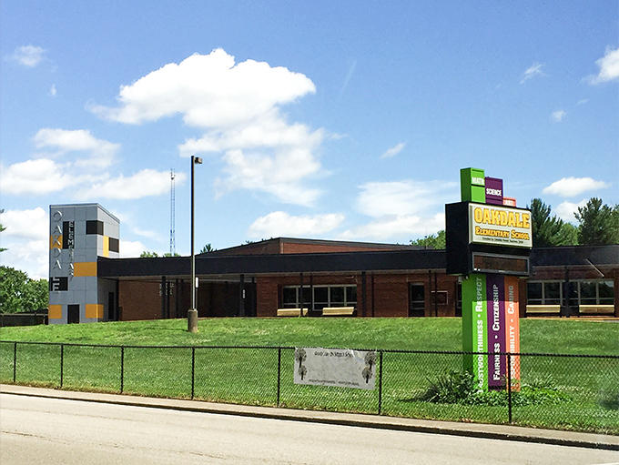 Oakdale Elementary School's cheerful signage and well-maintained grounds reflect the community's commitment to nurturing its youngest citizens.