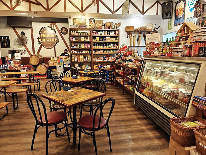 Part restaurant, part German market, all charm. Those wooden barrels aren't just decor&mdash;they're time machines to the old country.
