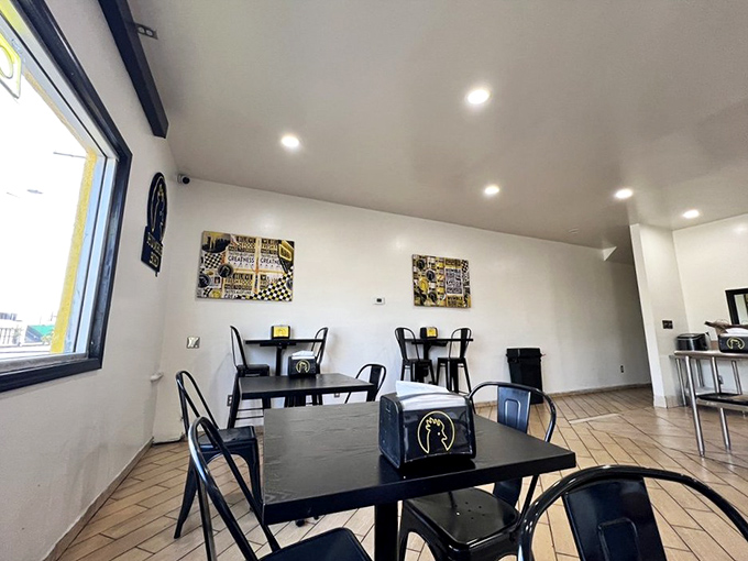 Simple, functional, and focused&mdash;the dining area offers no distractions from the main event happening on your plate and in your mouth.