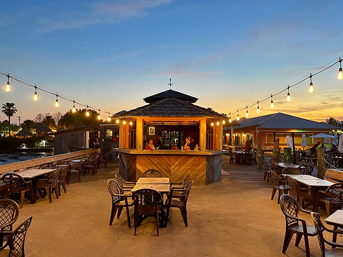 As the sun sets, the string lights come alive, transforming this tiki bar into the kind of place Jimmy Buffett would write songs about.