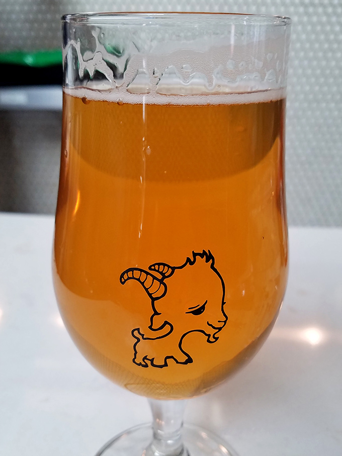 The house pale ale comes in a glass adorned with the restaurant's mascot&mdash;a reminder that breakfast pairs surprisingly well with beer.