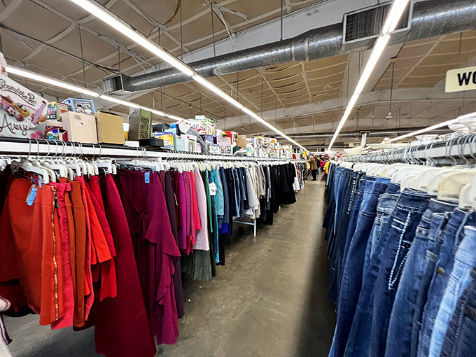 The clothing aisles create a textile canyon of possibilities – red on the left, blue on the right, bargains straight ahead.