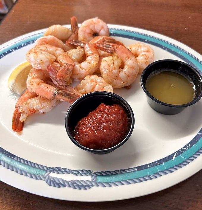 These shrimp look like they were swimming just hours ago. Simple, perfect, and ready for their butter and cocktail sauce companions.