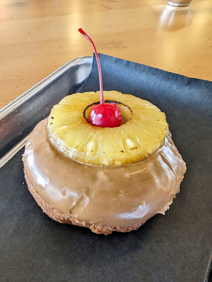 The pineapple upside-down donut, complete with maraschino cherry, is vintage Americana reimagined as hand-held nostalgia. Grandma would approve.