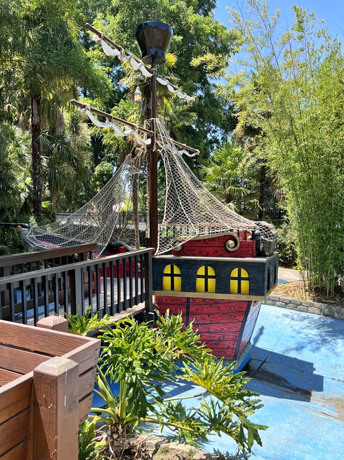 Ahoy, imagination! This landlocked pirate ship sails the seas of make-believe without the scurvy or seasickness of actual pirate life.