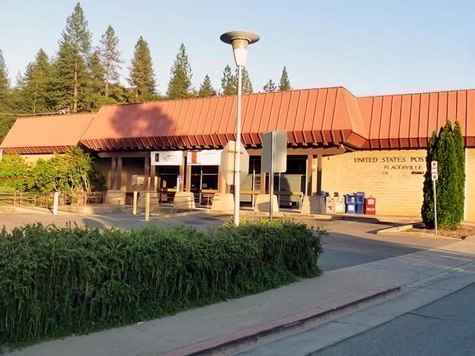Even Placerville's post office embraces the town's woodsy charm, with its red roof echoing the Sierra sunset.