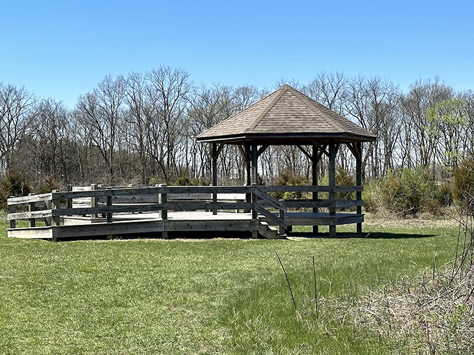 This gazebo isn't just a shelter&mdash;it's nature's waiting room, offering front-row seats to the seasonal show that never stops playing.