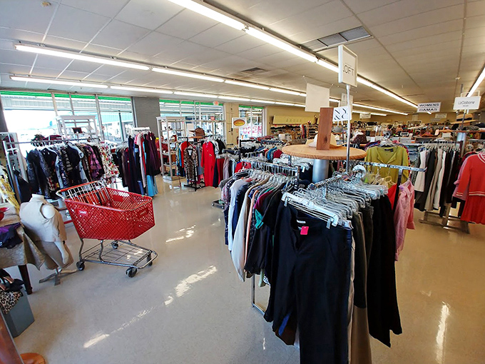 The clothing department: where yesterday's fashion finds tomorrow's style maven, all arranged in a rainbow of possibilities.