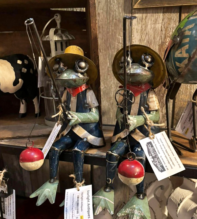 Metal frogs fishing with real personality&mdash;proof that whimsy and craftsmanship didn't need batteries or Wi-Fi to delight previous generations.