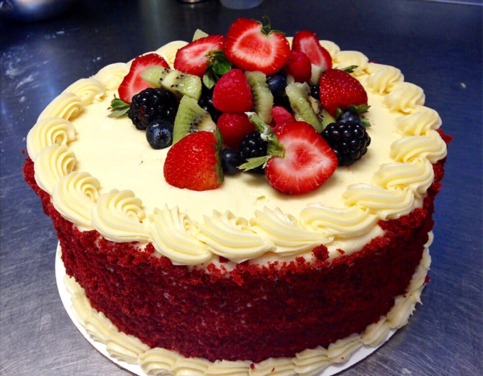 Red velvet cake crowned with fresh berries&mdash;the dessert equivalent of putting on your Sunday best for a special occasion.