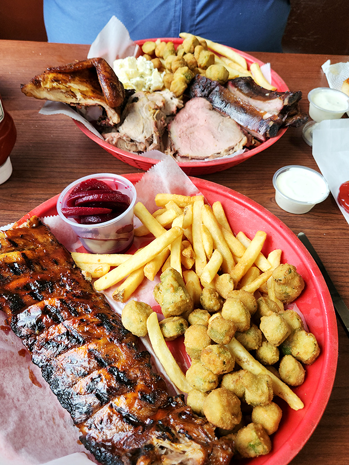 A barbecue plate that makes vegetarians question their life choices. Those ribs have spent more time in smoke than a 1970s rock band.