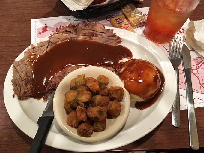 Roast beef that doesn't need a fancy carving station or pretentious presentation. Just tender meat, savory gravy, and sides that know their supporting role.