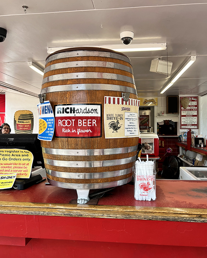 The wooden barrel isn't just decoration&mdash;it's the heart of the operation, pumping liquid happiness into frosted mugs since before TikTok was a twinkle in anyone's eye.