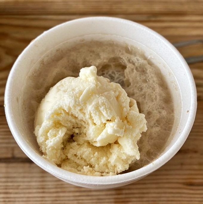 Root beer float perfection: where ice cream slowly surrenders to root beer in a dance as old as diners themselves.