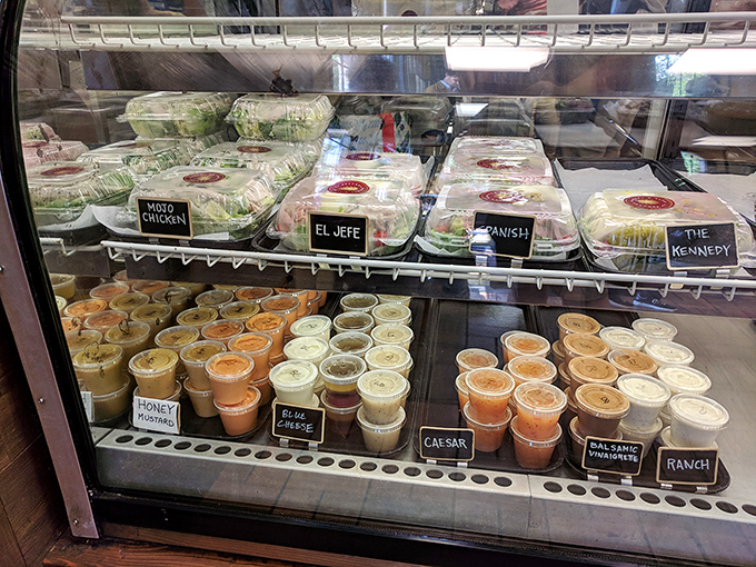 A refrigerated case of grab-and-go salads and house-made dressings proves that La Segunda knows balance is important. Vegetables earn their place alongside the pastries.