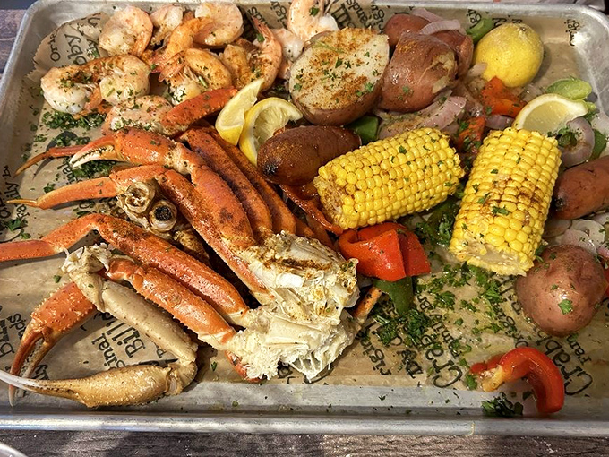 A seafood platter that's not just a meal but a celebration&mdash;where crab legs, shrimp, and corn on the cob create a symphony of coastal flavors.