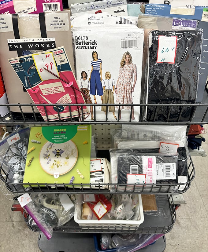 Crafting corner: where abandoned Butterick patterns and embroidery kits await their second chance at Pinterest-worthy glory.