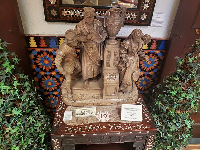 Shakespeare's characters frozen in terra cotta. Othello, Iago and Desdemona locked in eternal drama, proving relationship problems transcend centuries.