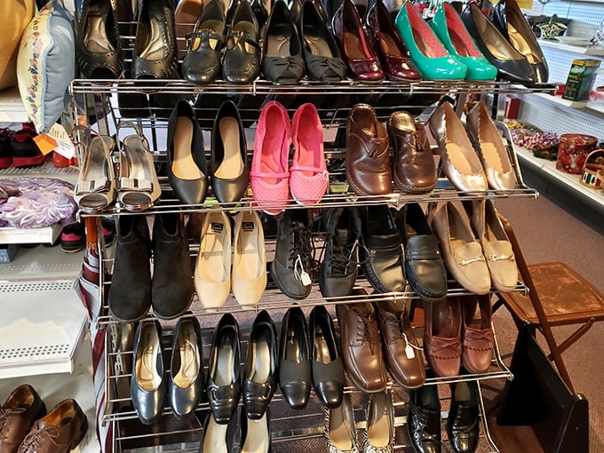 Shoe department that rivals Imelda Marcos' closet. That lone pair of coral flats is practically begging for a second dance.