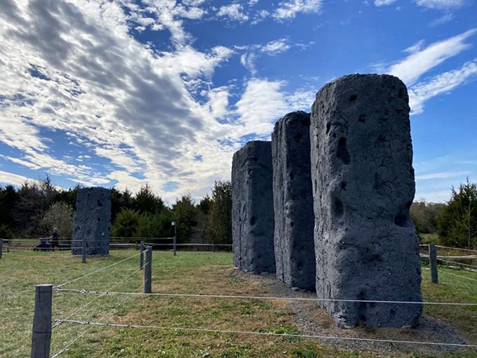 These imposing monoliths stand sentinel against the Virginia sky, their foam construction belying their impressive stature.