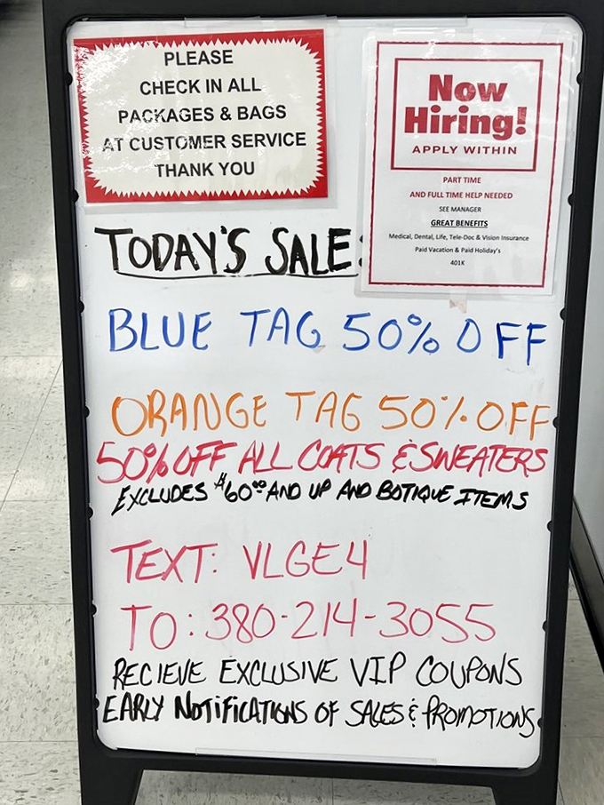 The color-coded tag system is the secret language of serious thrifters &ndash; blue and orange tags at 50% off means double the treasures today!