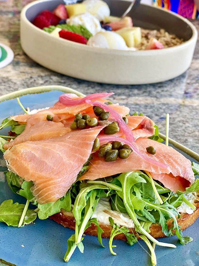 Smoked salmon toast proving breakfast food can crash the dinner party and steal the show.