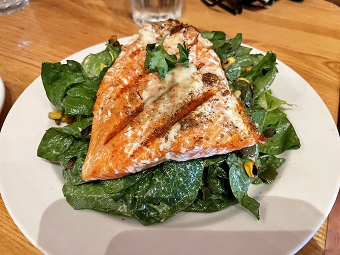 Salmon perched atop greens like it's showing off. This isn't just lunch; it's edible artwork with omega-3 benefits.