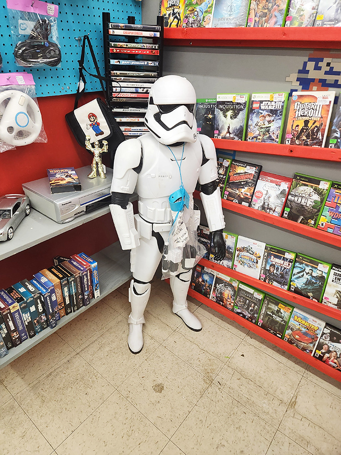 The Force is strong with this vendor booth. A life-sized Stormtrooper stands guard over vintage video games and collectibles from galaxies far, far away.