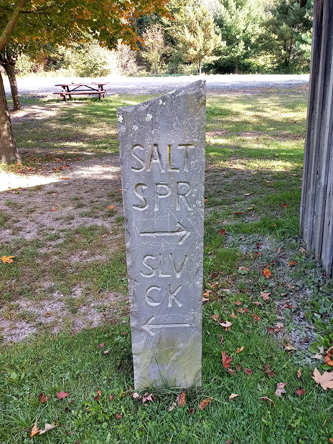 This unassuming stone marker points the way like a forest elder&mdash;"Salt Spring this way, lifetime memories that direction."