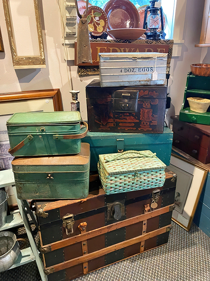Stacked vintage trunks and picnic baskets&mdash;each one practically whispering tales of family road trips and lakeside lunches from decades past.