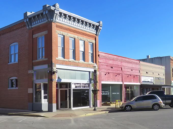 Pastel-colored storefronts add character to Neosho's downtown shopping district, where local merchants offer unique finds without big-city markup.
