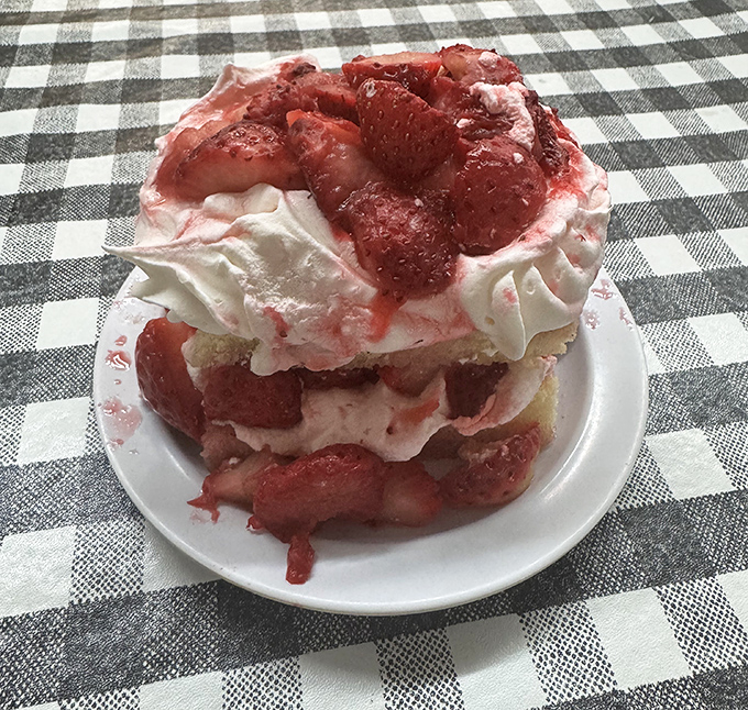 Strawberry shortcake that defies gravity and restraint. This isn't dessert&mdash;it's a structural engineering marvel with whipped cream mortar.