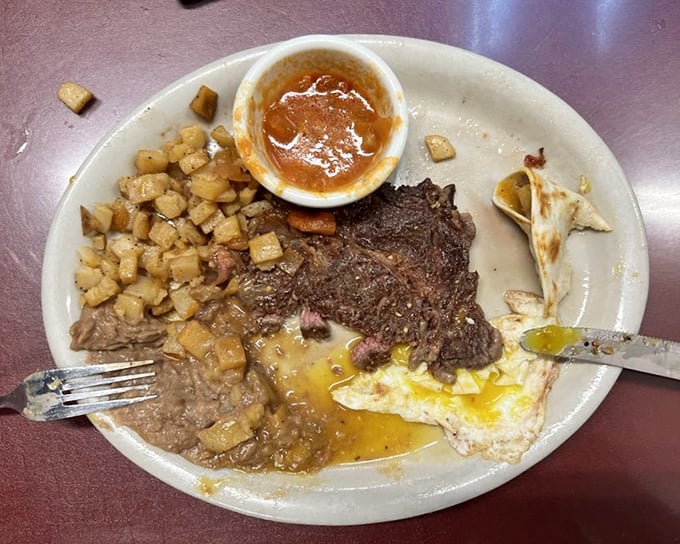 This Texas ribeye breakfast is what cowboys dream about &ndash; meat, eggs, and potatoes sharing a plate in perfect harmony, with salsa standing by for moral support.